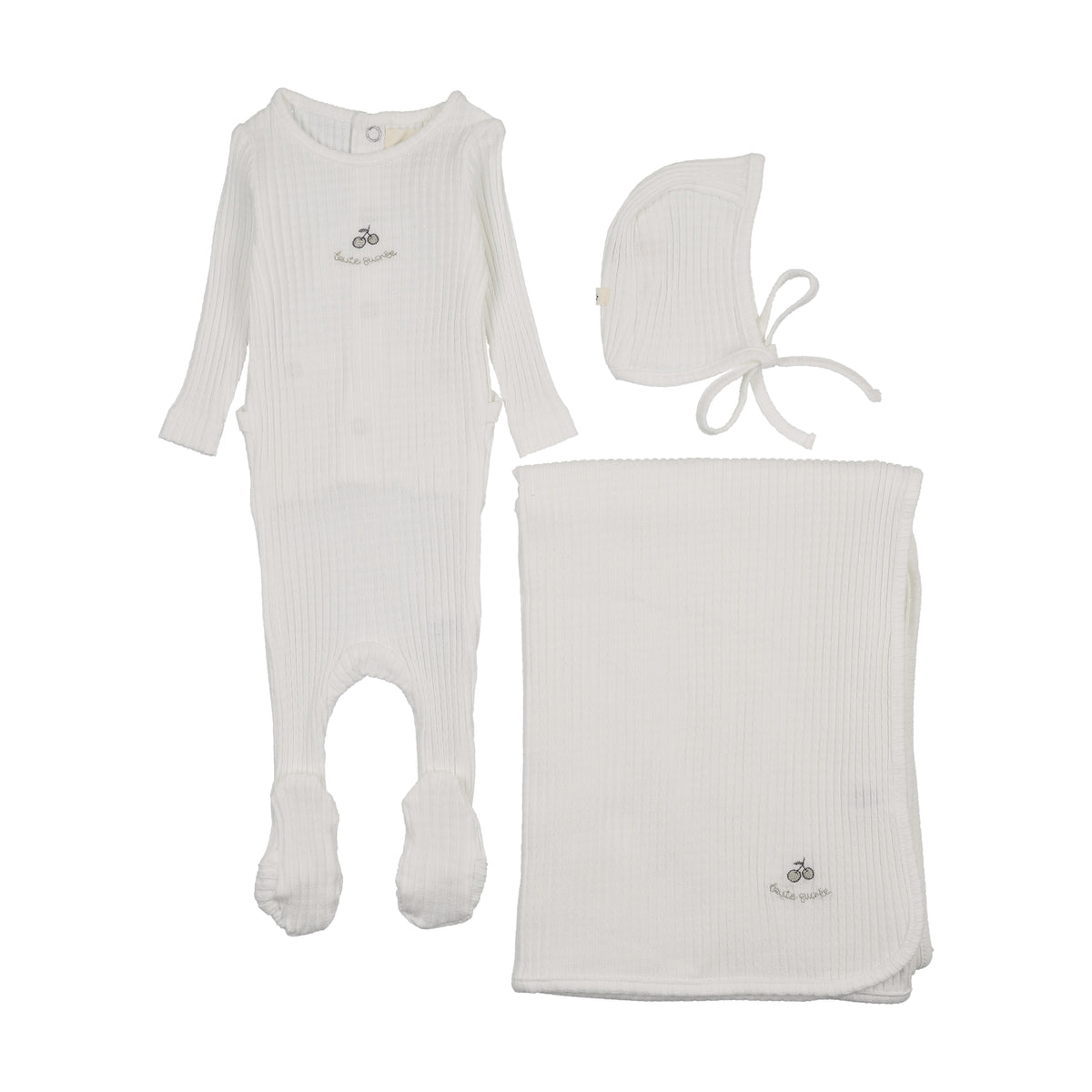 Mema Knits Embroidered Textured Layette Set - Winter White/Mink Embroi ...