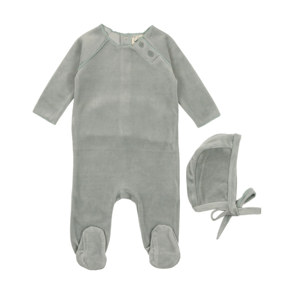 Mema Knits Velour Button Footie + Bonnet - Powder Blue – Moonlight