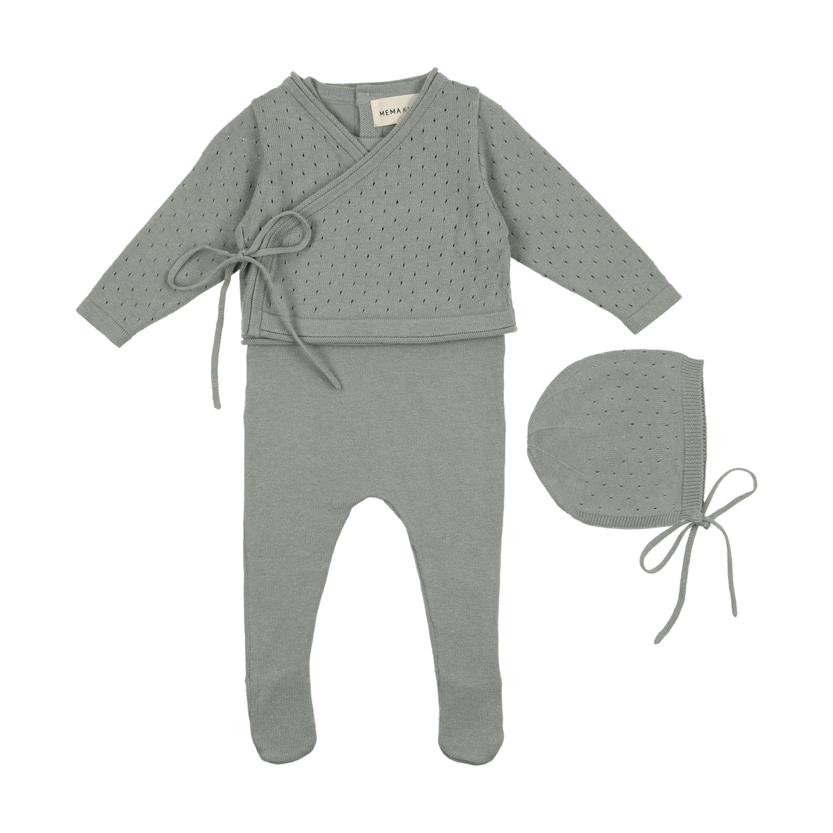 Mema Knits Knit Footie with Cropped Cardigan + Bonnet - Powder Blue ...