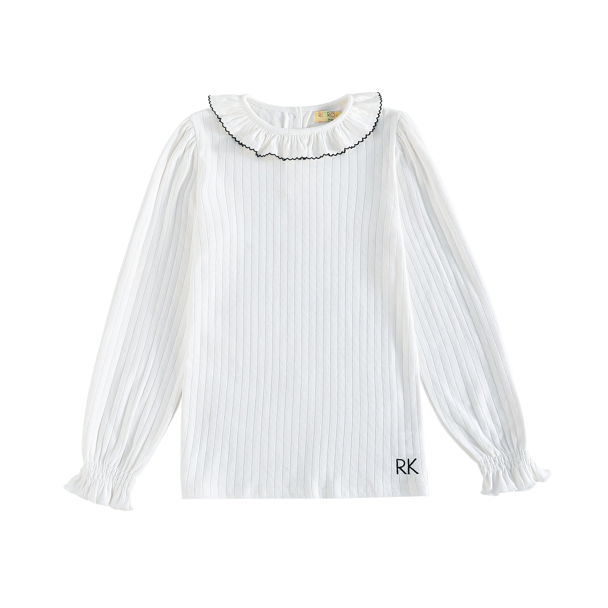 Retro Kid Emery Pointelle Collared T-shirt - White/Black (Long Sleeve ...