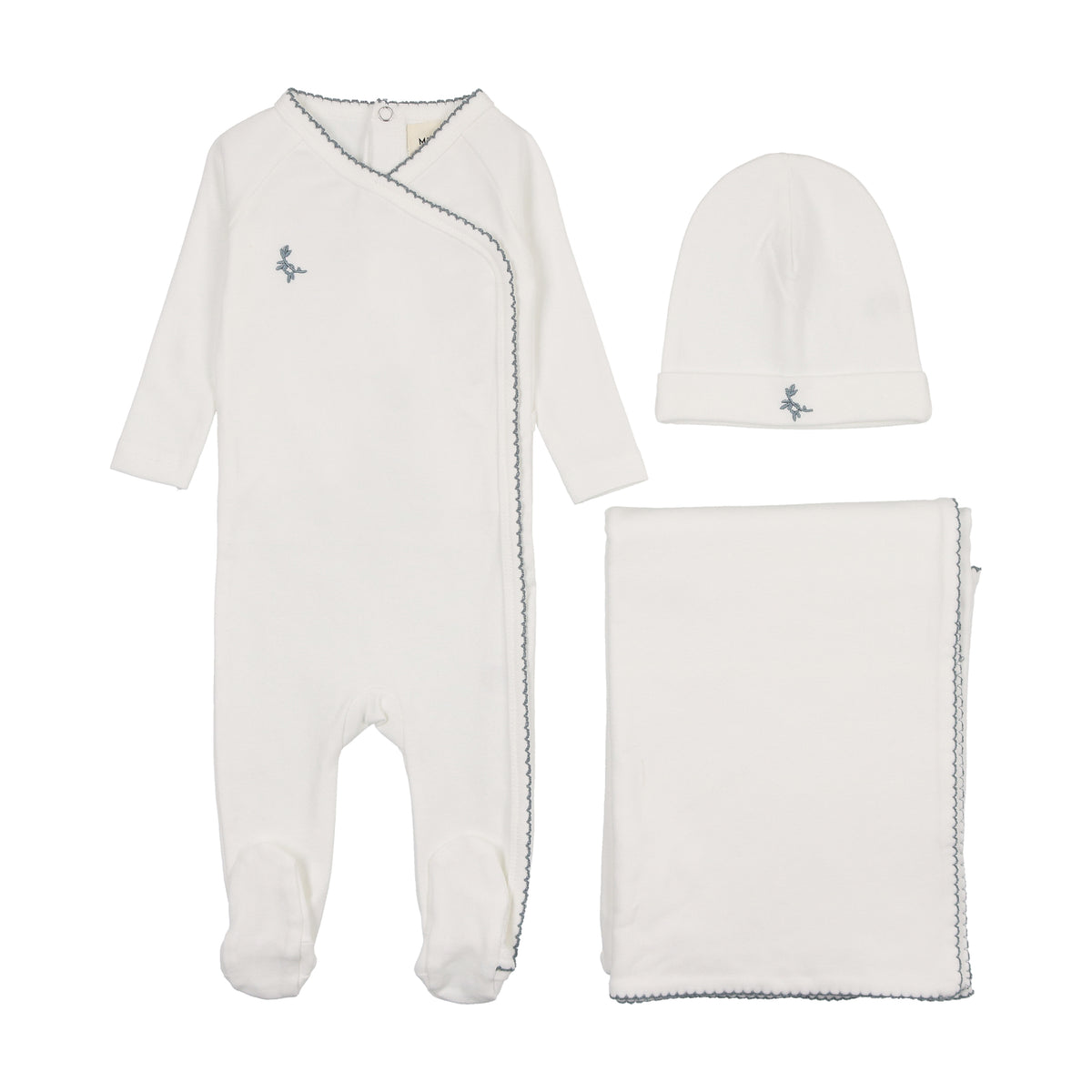 Mema Embroidered Picot Edge 3PC Layette Set - Winter White/Metallic Bl ...