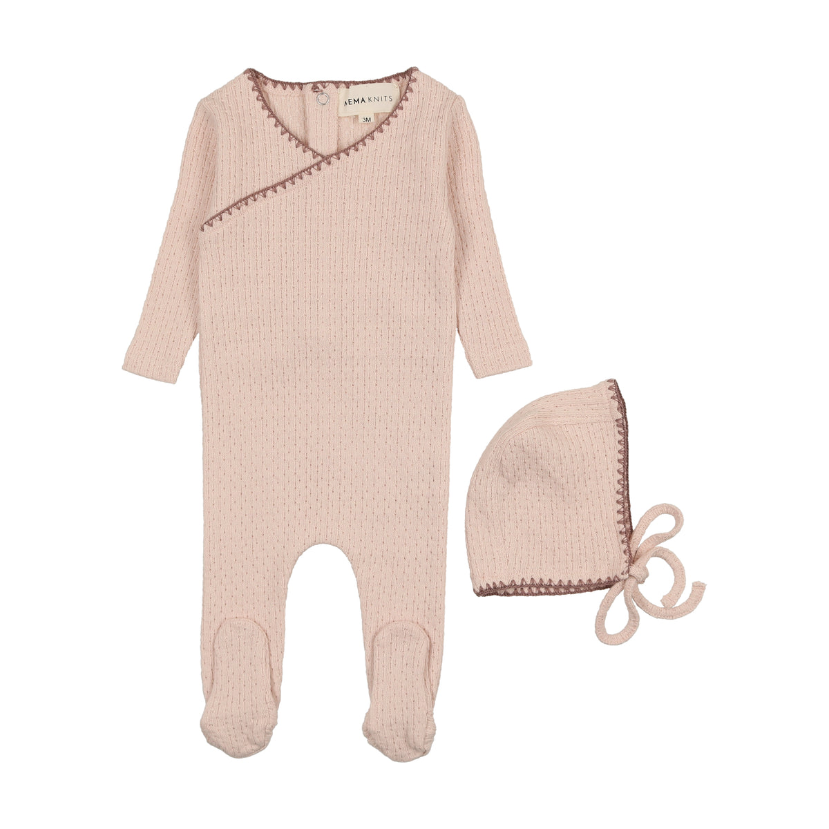 Mema Knits Embroidered Edge Footie & Bonnet - Soft Pink/Clay – Moonlight