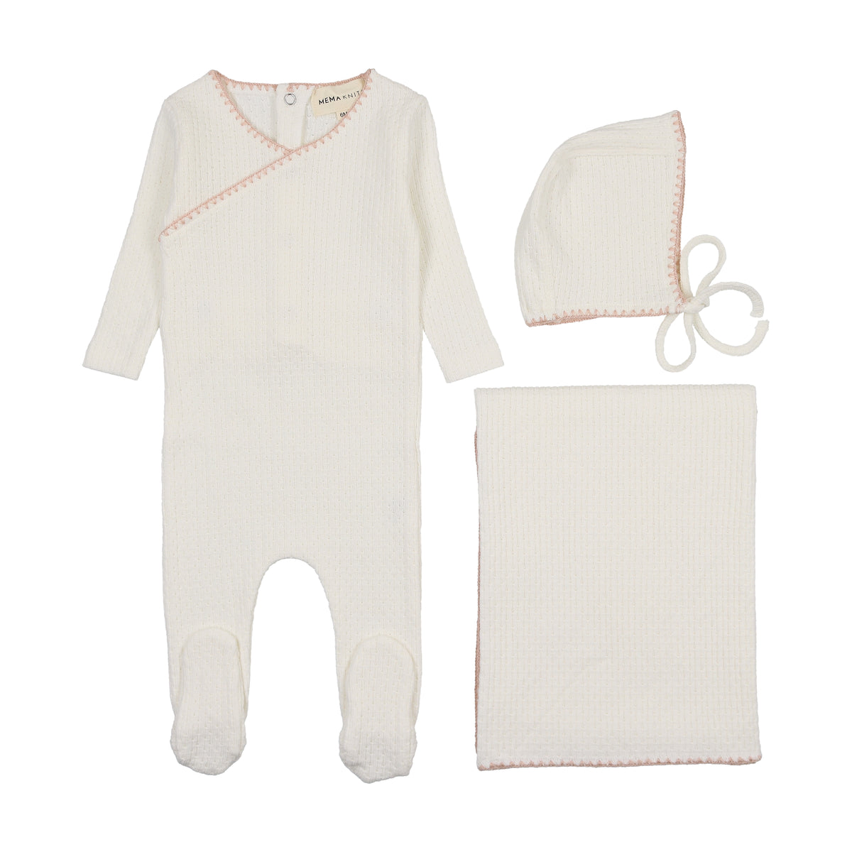 Mema Knits Embroidered Edge 3PC Set - White/Dusty PInk – Moonlight